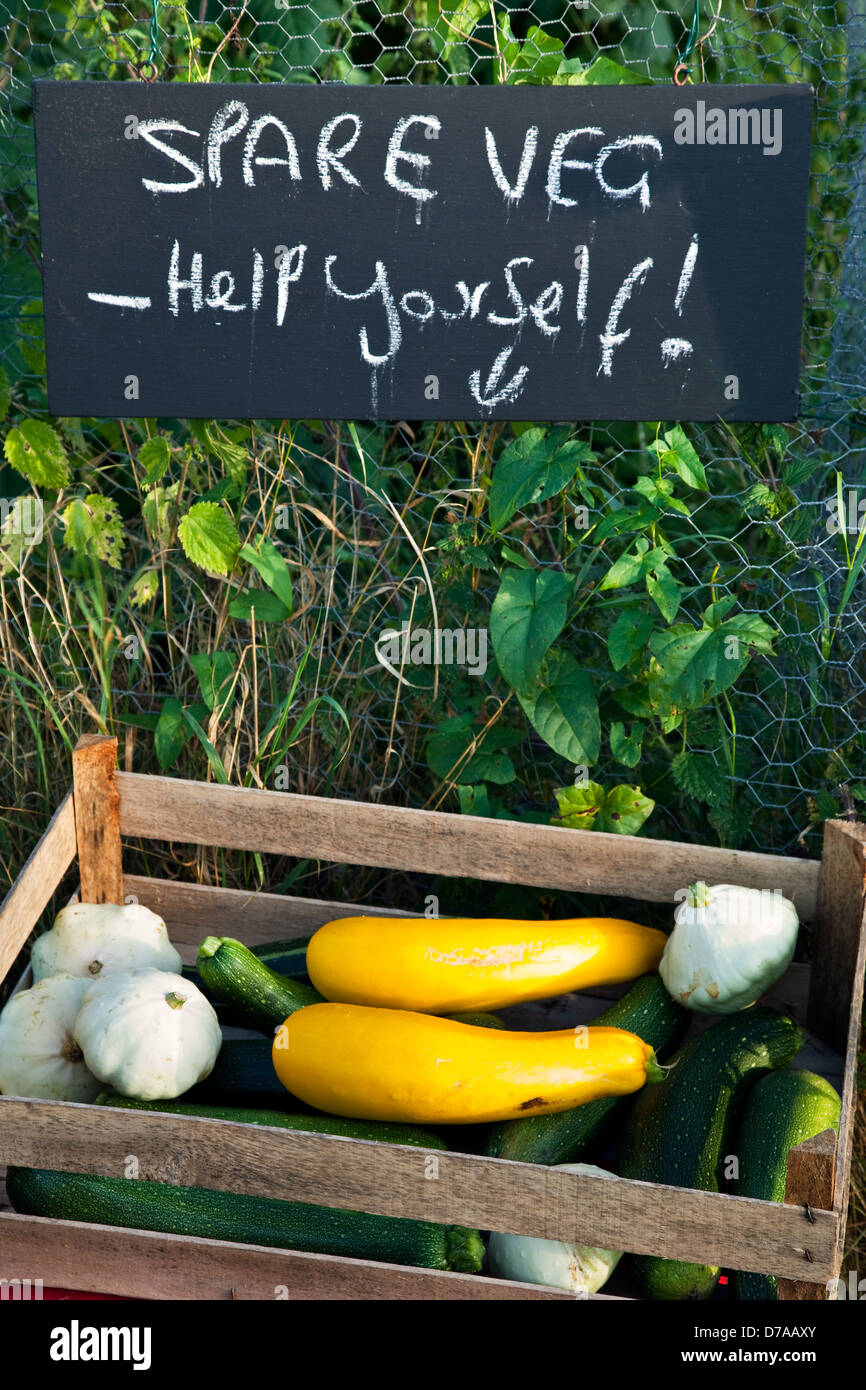 A box of vegetables and sign offering spare produce at an allotment ...