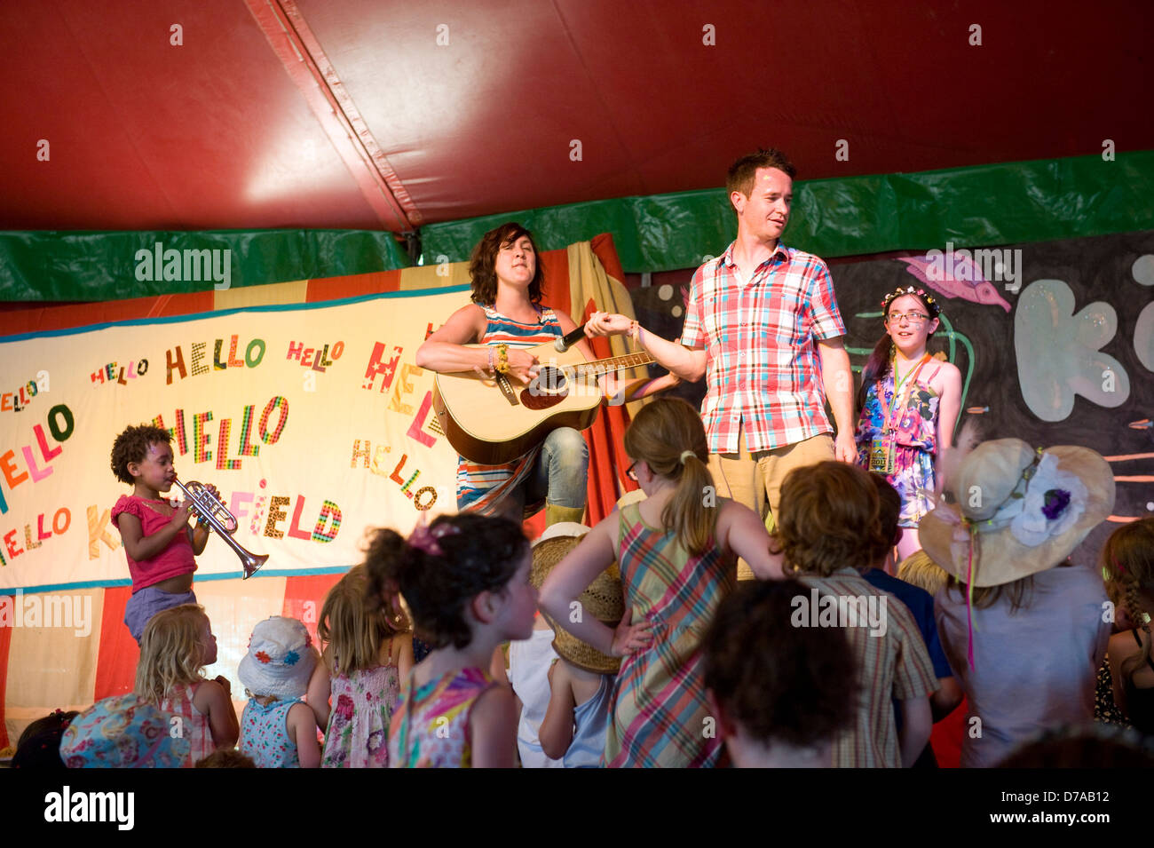 Cbeebies presenters performing in the main tent of the kids field at ...