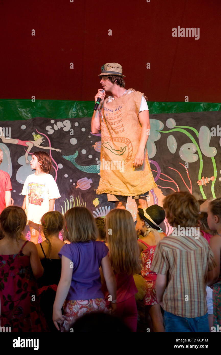Cbeebies presenters performing in the main tent of the kids field at ...