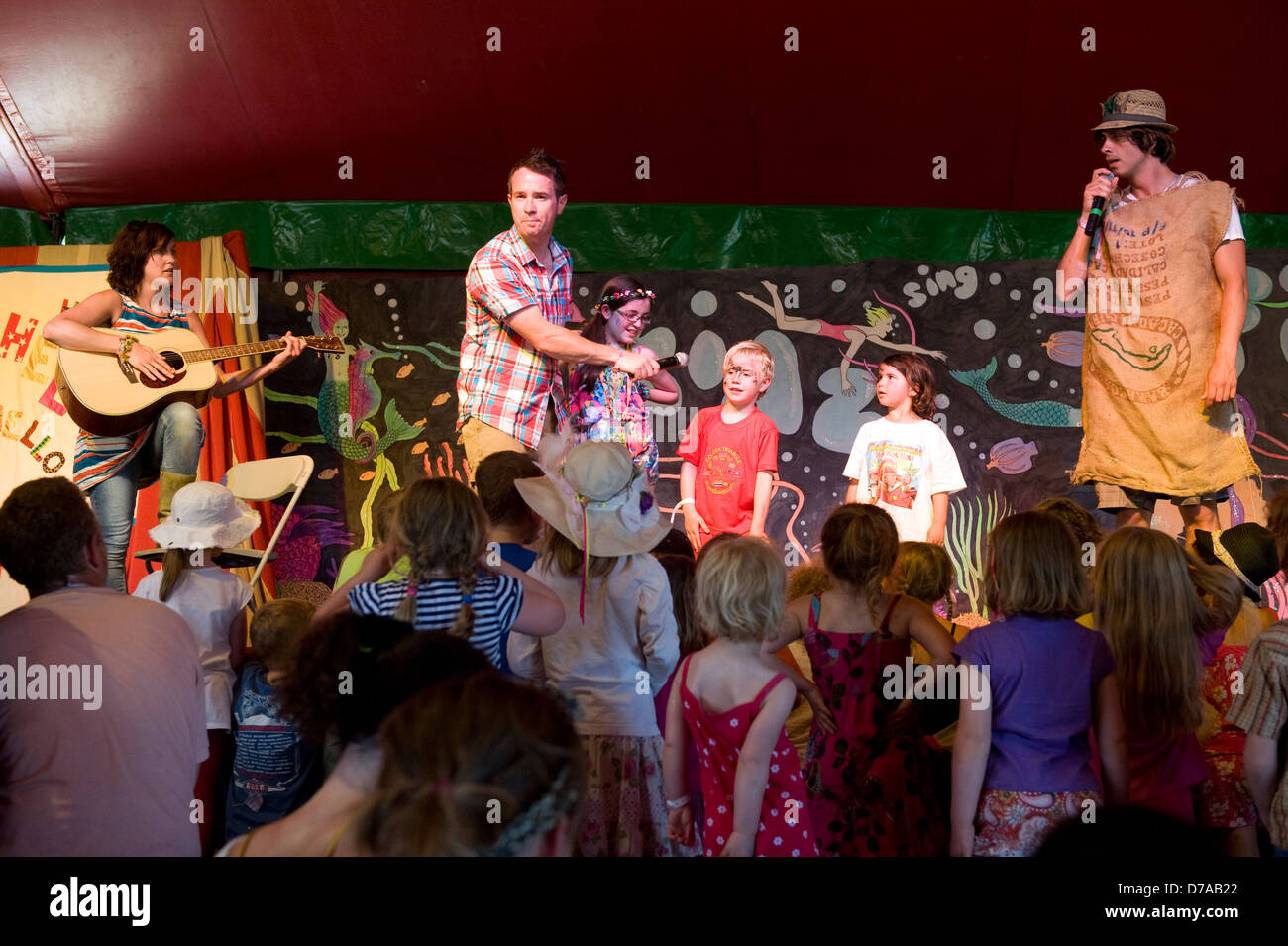 Cbeebies presenters performing in the main tent of the kids field at ...