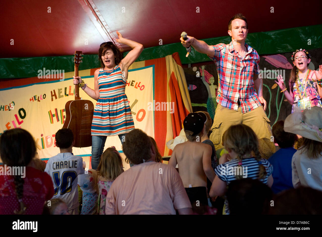 Cbeebies presenters performing in the main tent of the kids field at ...