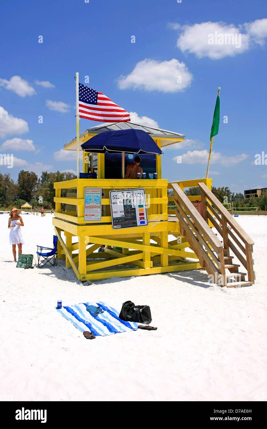 Yellow Lifeguard tower on Siesta Key public beach in Florida Stock ...
