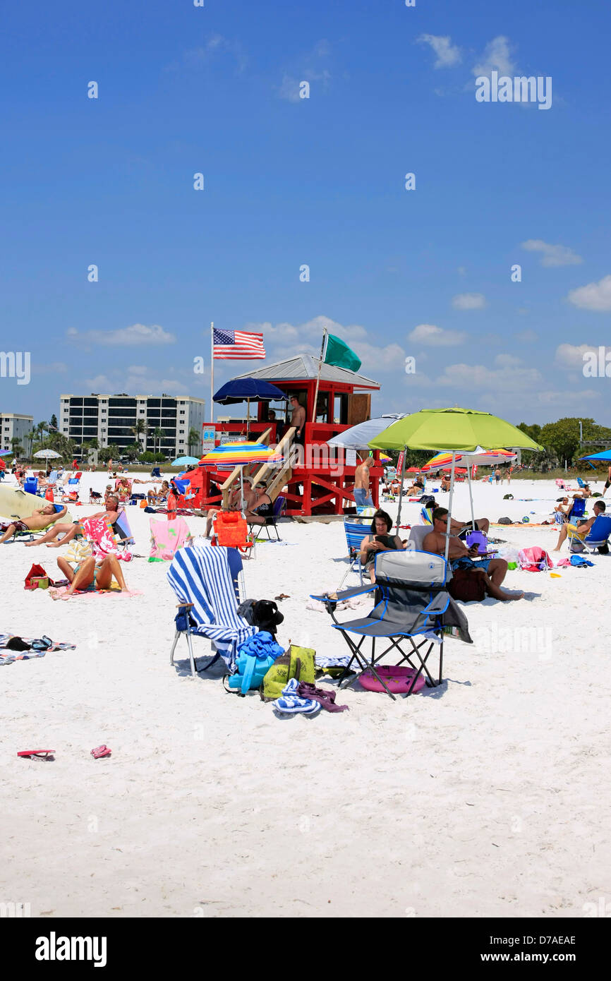 Red Lifeguard tower on Siesta Key public beach in Florida Stock Photo ...
