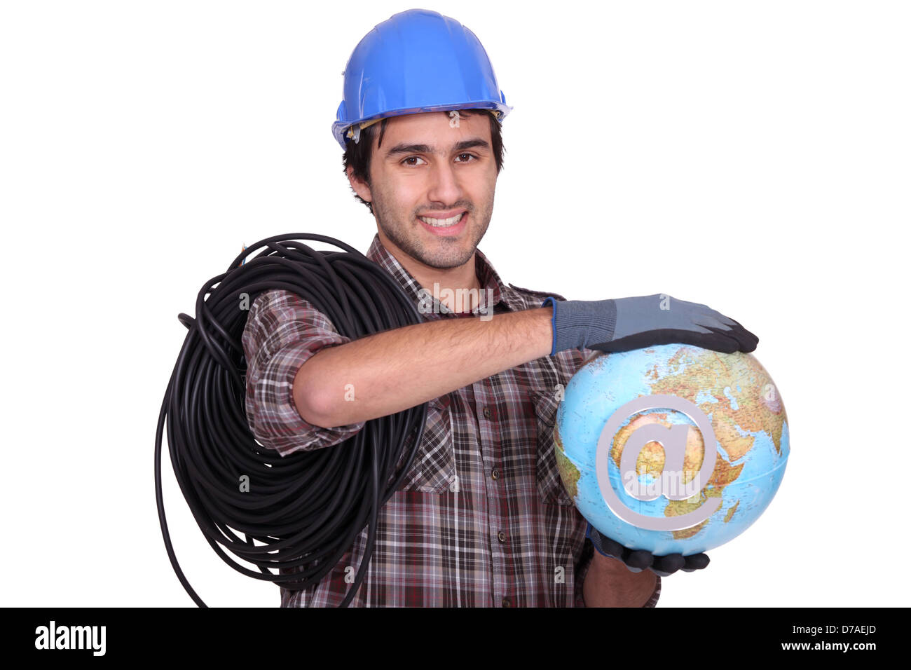 Electrician holding globe Stock Photo - Alamy