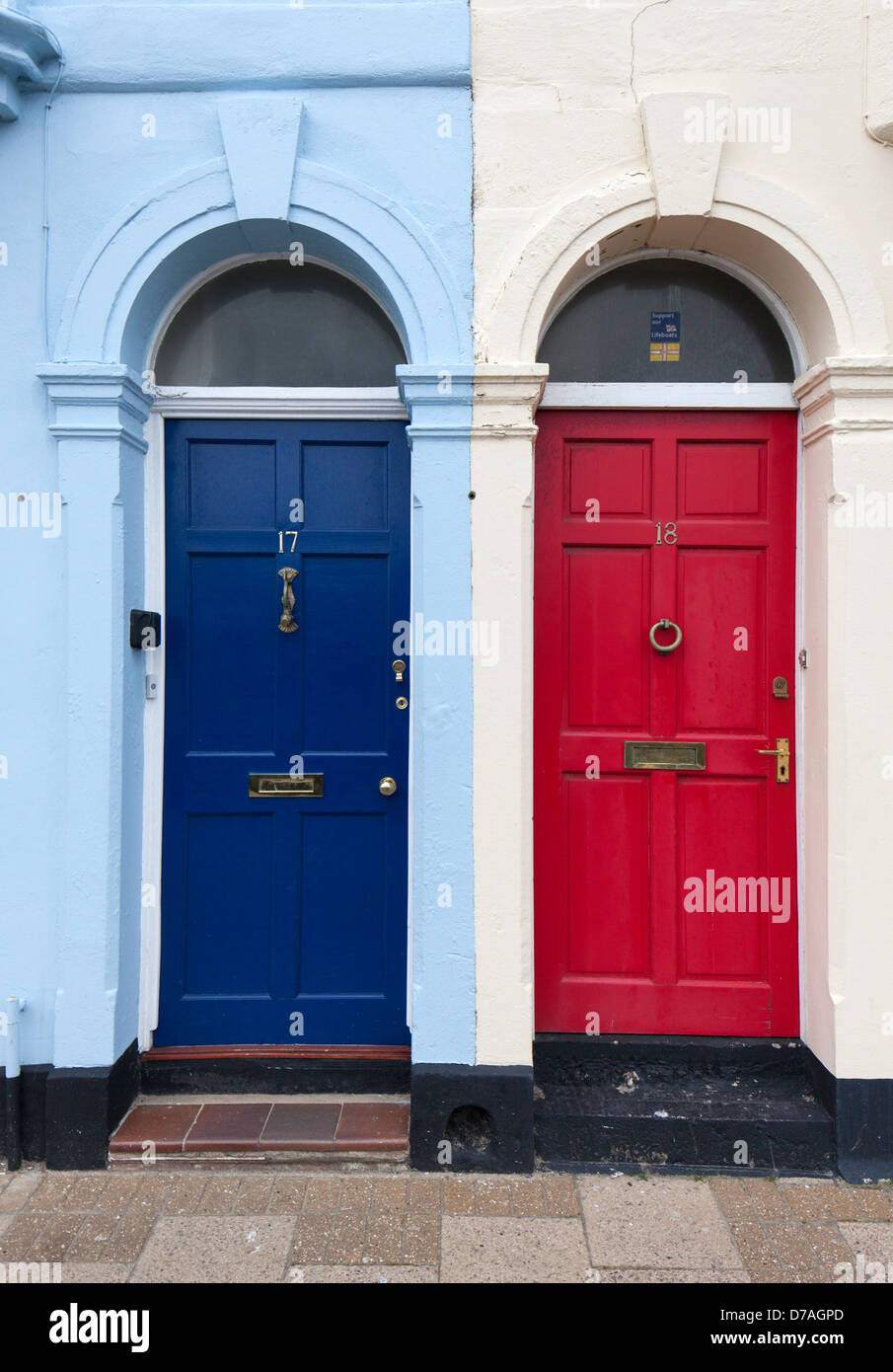 Brightly coloured front doors overlooking Weymouth Harbour, Dorset ...