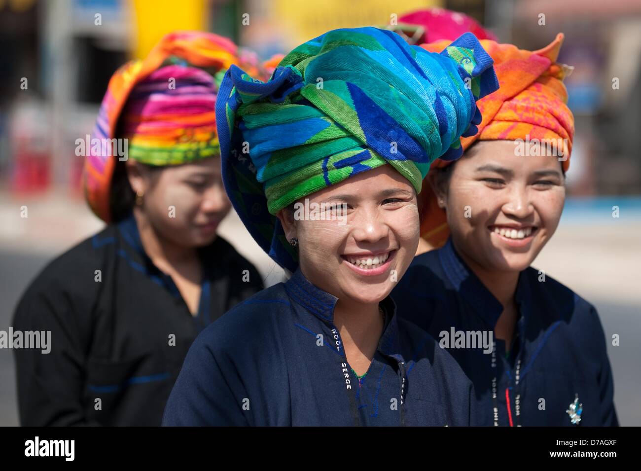Myanmar Three women of the ethnic group Pa-O walk through Aungban ...