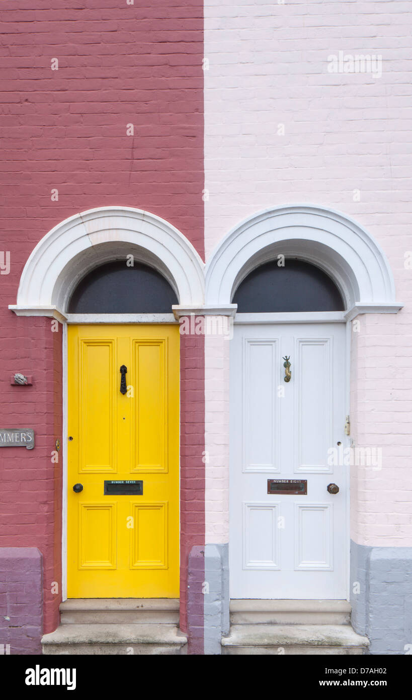 Brightly coloured front doors overlooking Weymouth Harbour, Dorset ...