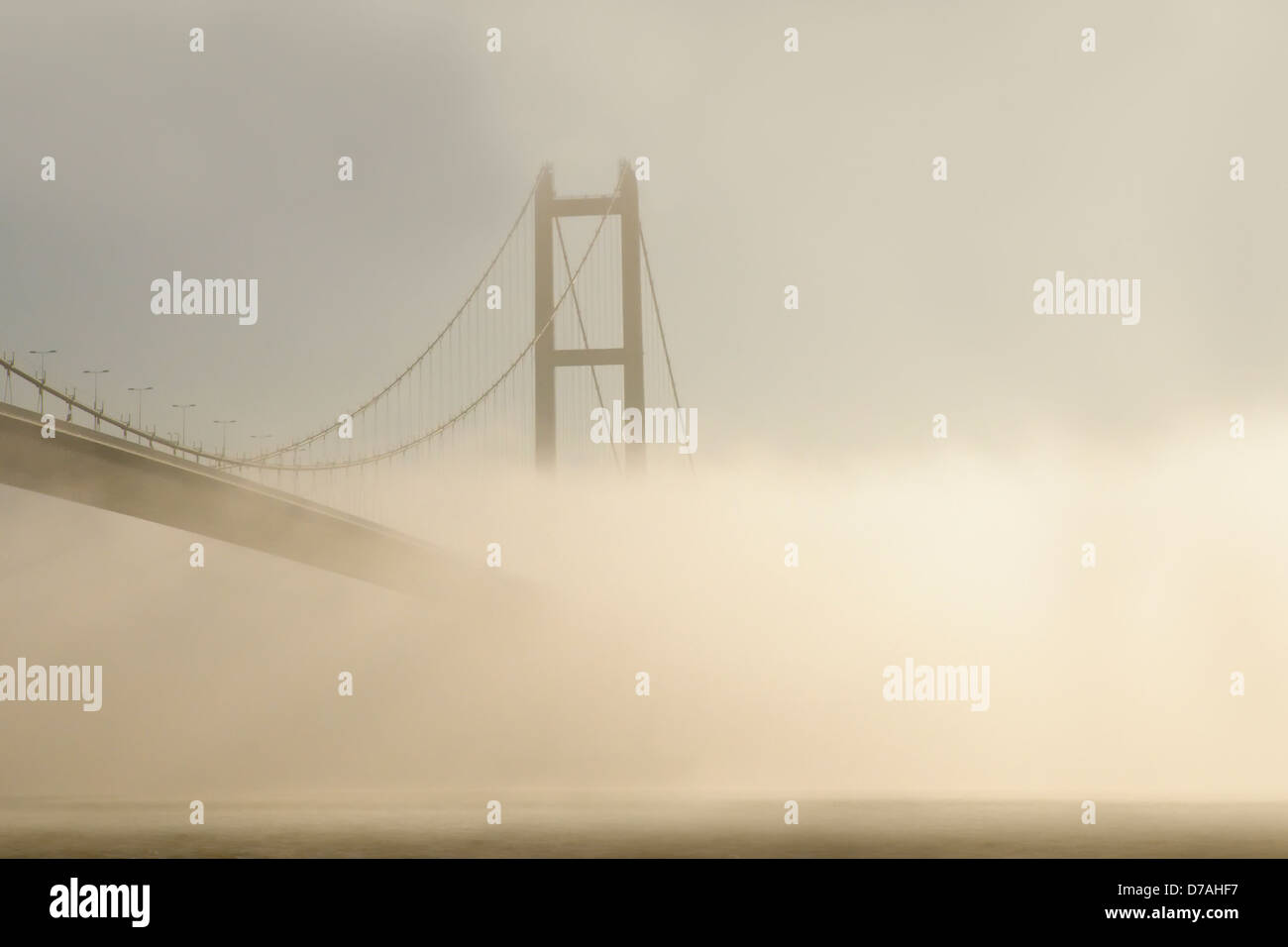 A suspension bridge disappears into a thick fog bank over a river ...