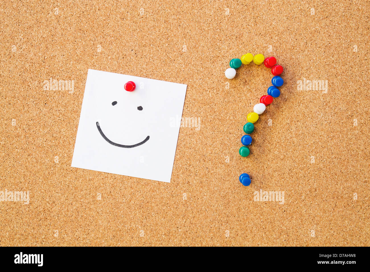 Smile note pinned to cord board. Question mark made of pushpins Stock ...
