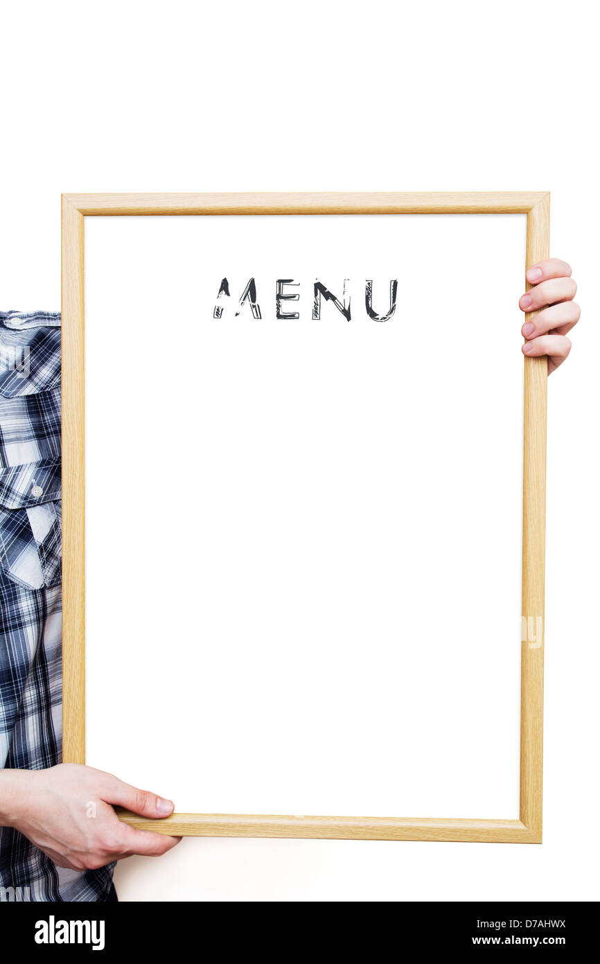 Man holding a blank white board, showing an empty menu Stock Photo - Alamy