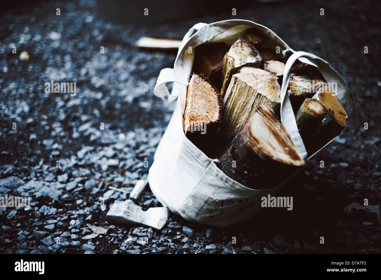 Firewood In A Canvas Bag With Hatchet On The Ground;Thetford Mines ...