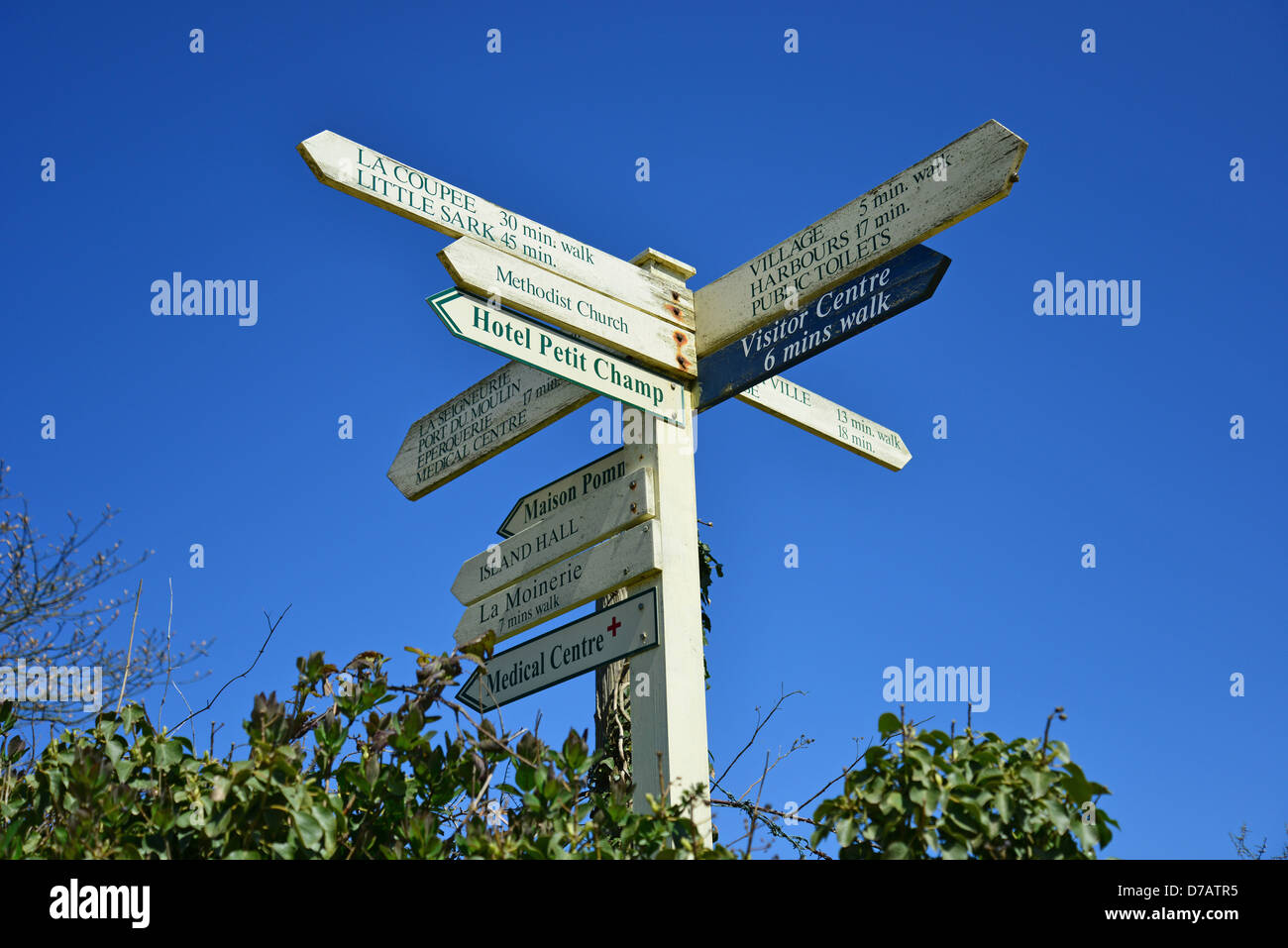 Sign post on side of road, Greater Sark, Sark, Bailiwick of Guernsey ...
