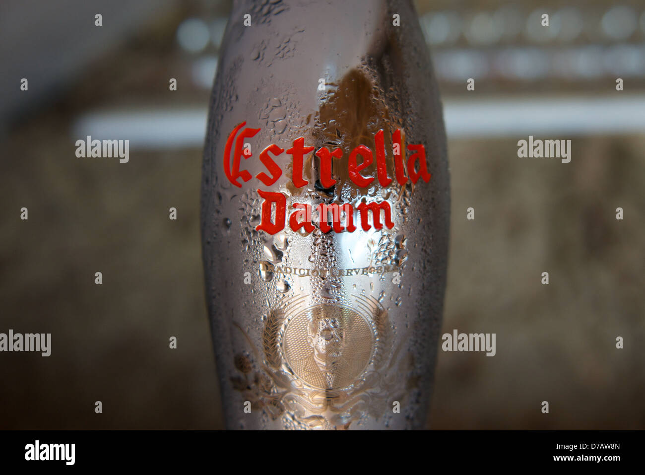 Estrella Damm beers pump with condensation Stock Photo - Alamy
