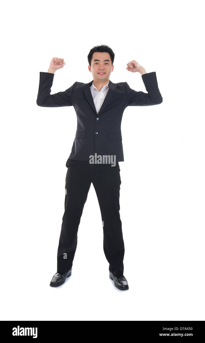 young asian chinese business male jumping celebrating success with ...