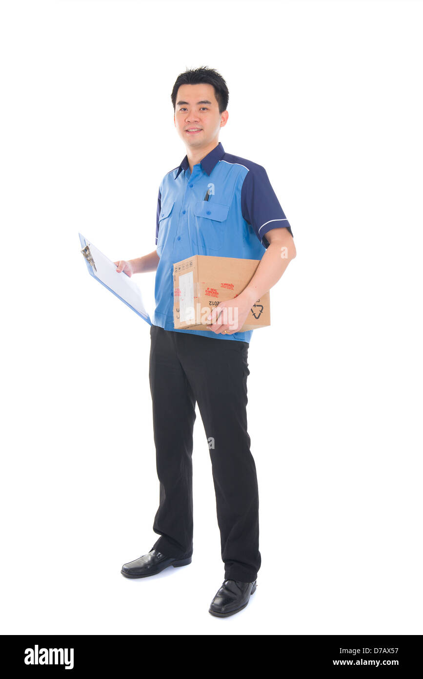 asian delivery dispatch boy delivering a package isolated against white ...