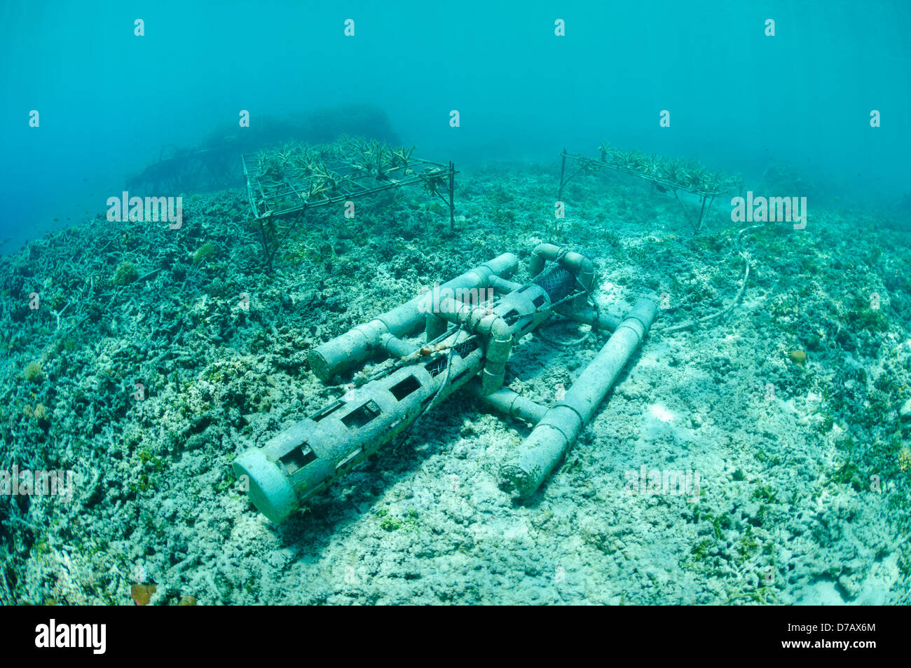 An experimental anode, with Biorock structures in the background, Gili ...