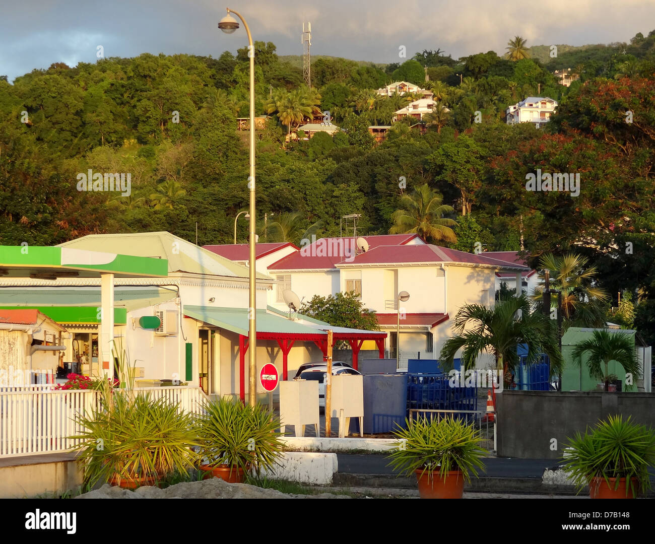 idyllic caribbean scenery with small houses in tropical vegetation ...