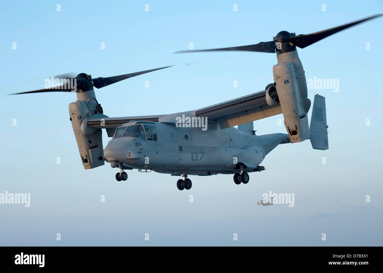 A US Marine Corp MV-22 Osprey tilt rotor aircraft takes off from the ...