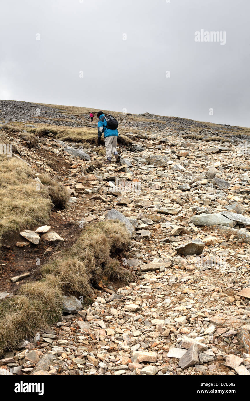 A walker ascending on the Pony Path on the welsh mountain Cadair Idris ...