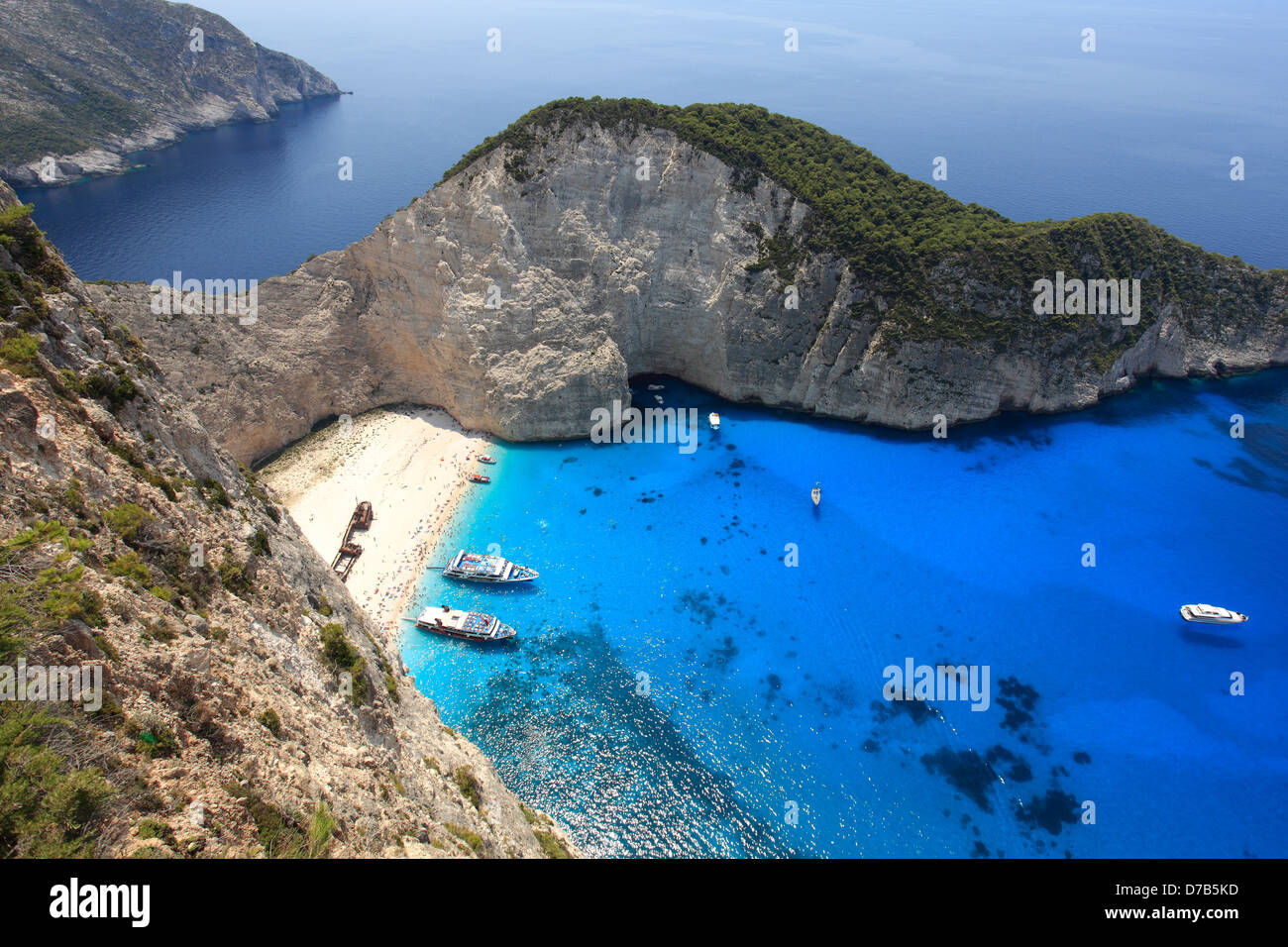View of Navagio Beach also known as Shipwreck Cove or Smugglers bay ...