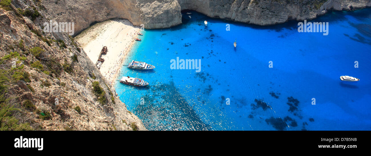 View of Navagio Beach also known as Shipwreck Cove or Smugglers bay ...