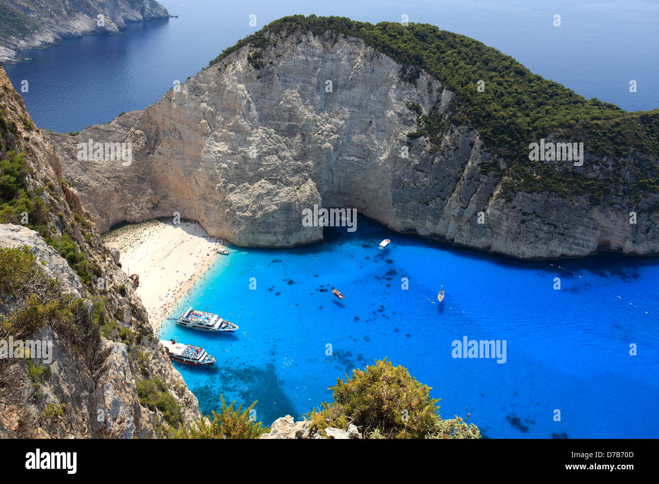 View of Navagio Beach also known as Shipwreck Cove or Smugglers bay ...
