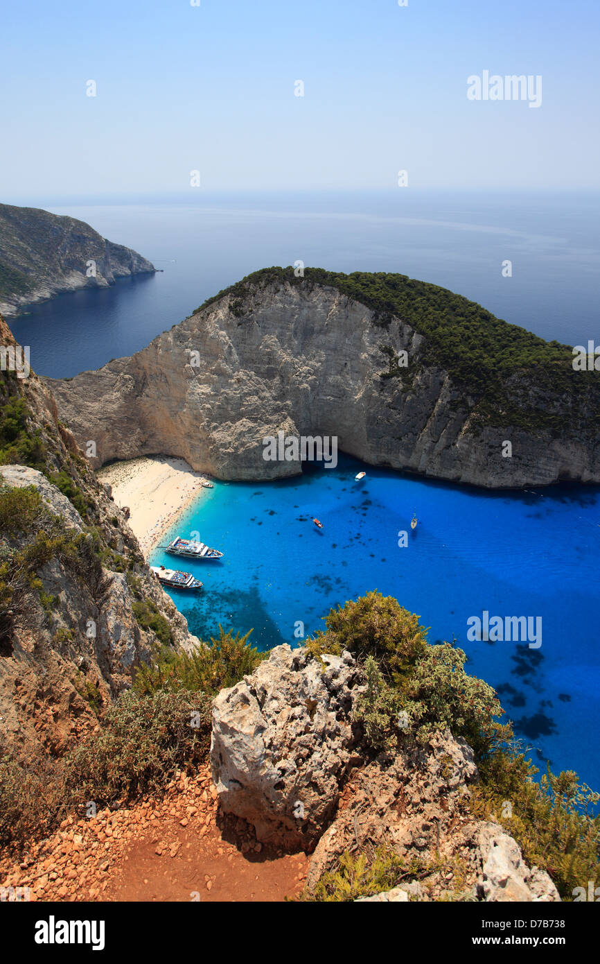 View of Navagio Beach also known as Shipwreck Cove or Smugglers bay ...