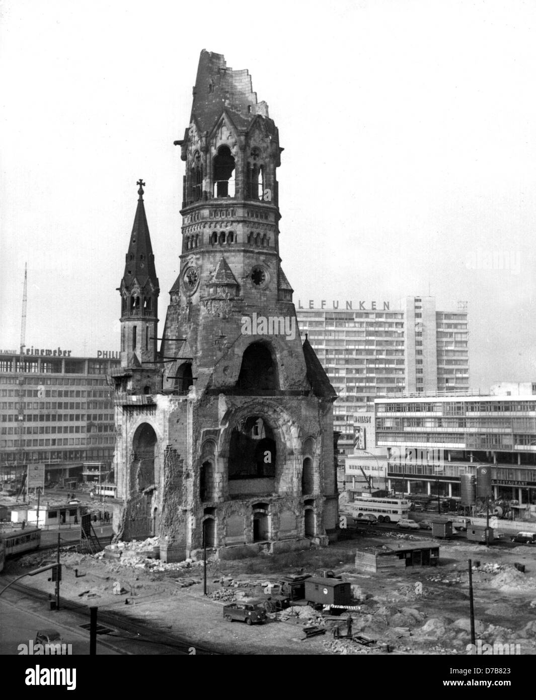 View of the destroyed Kaiser Wilhelm Memorial Church in Berlin. On the ...