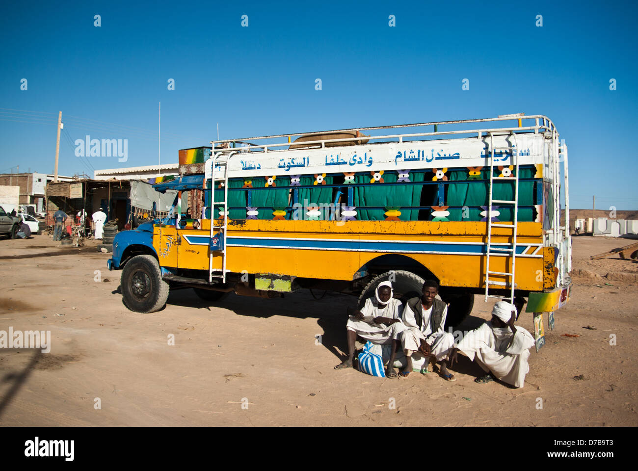 Desert bus, based on old Bedford truck on a bus Station in Wadi Halfa ...