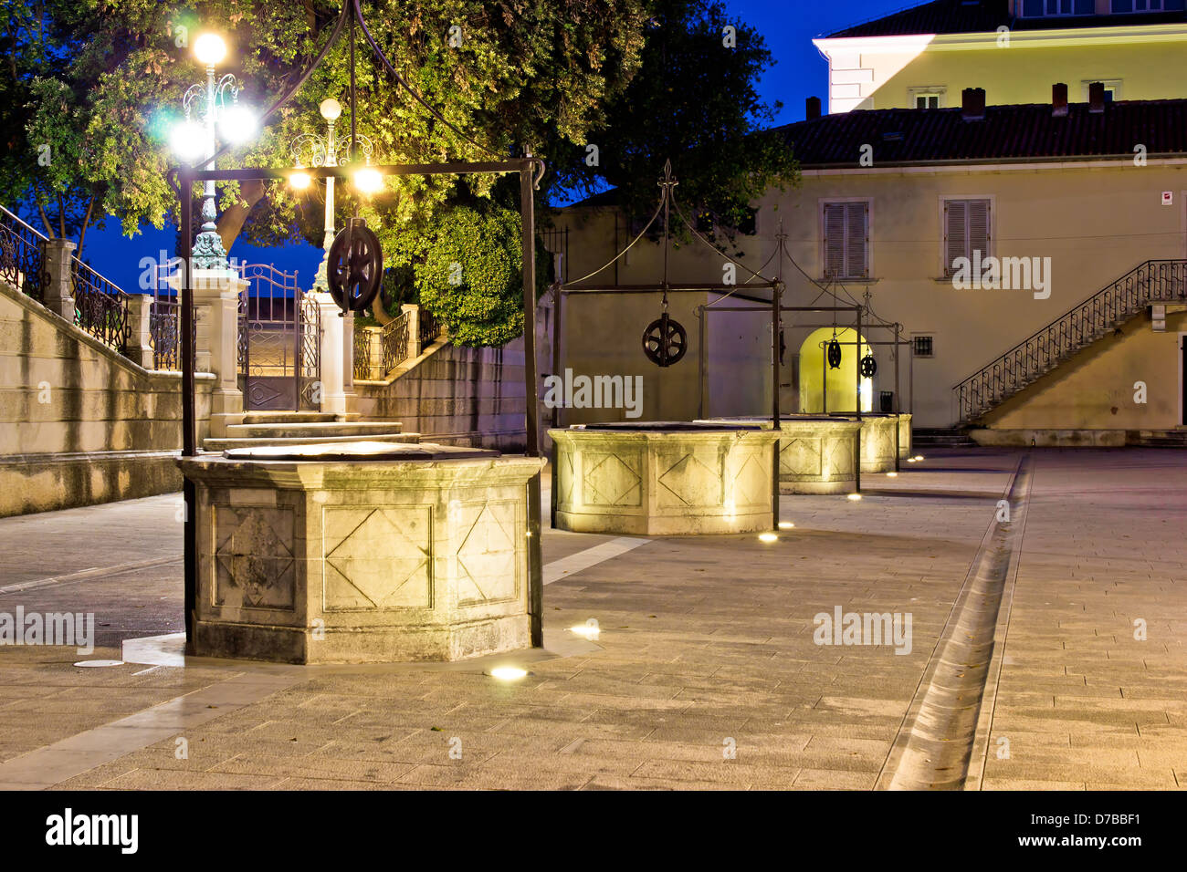 Five wells square in Zadar night view, Dalmatia, Croatia Stock Photo ...