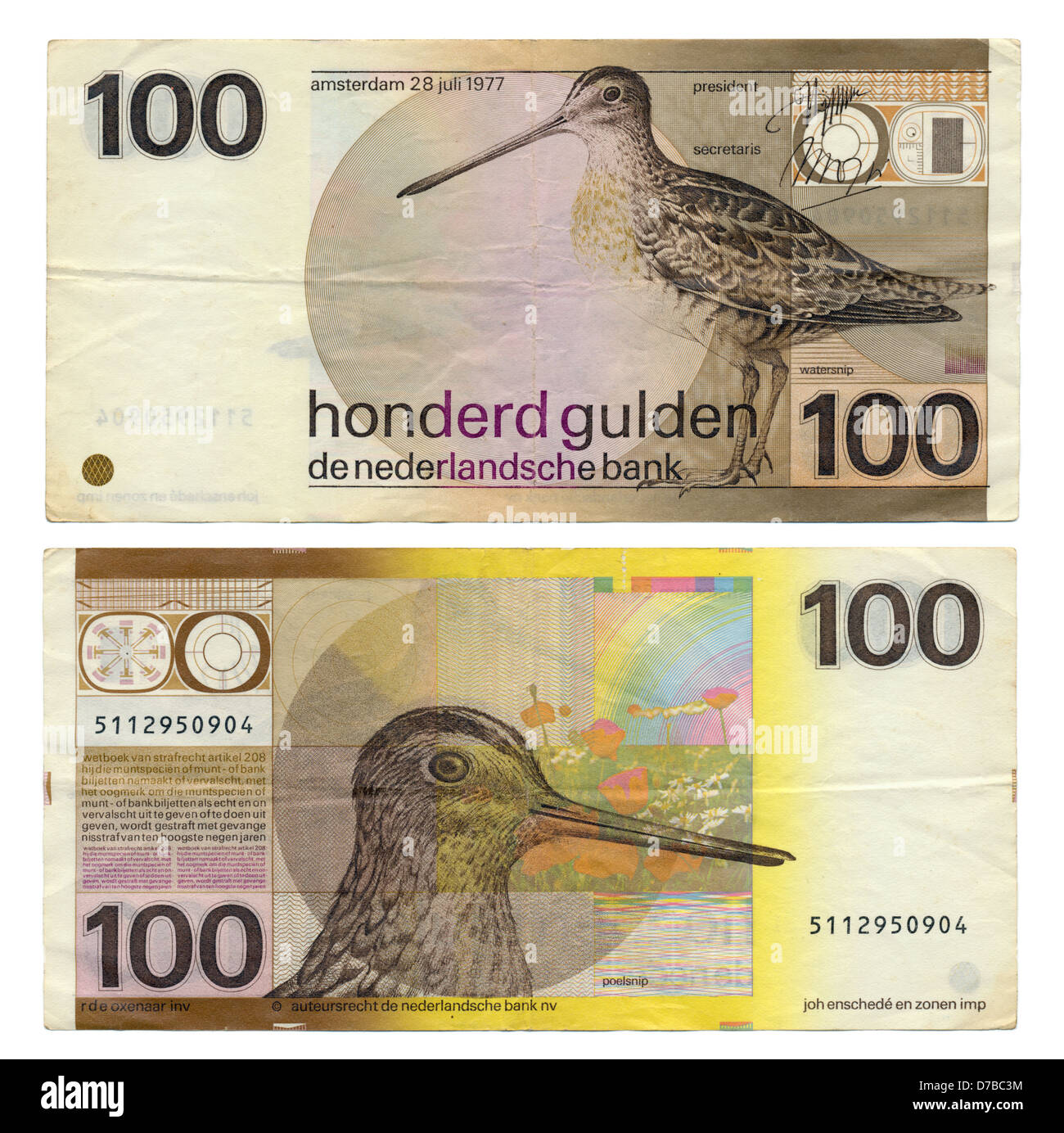 Two sides Dutch 100 Gulden (Gilder) money note printed in 1977. Dutch ...