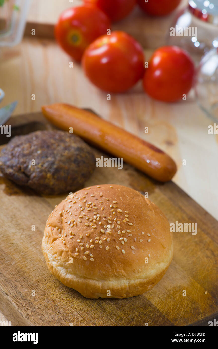 making hamburger fast food ingredients with plenty of raw materials on ...