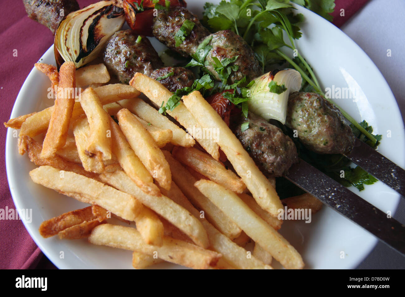 shishlik kebab (Lamb) with french fries Stock Photo - Alamy