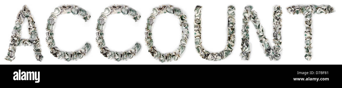 The word 'account', made out of crimped 100$ bills. Isolated on white ...