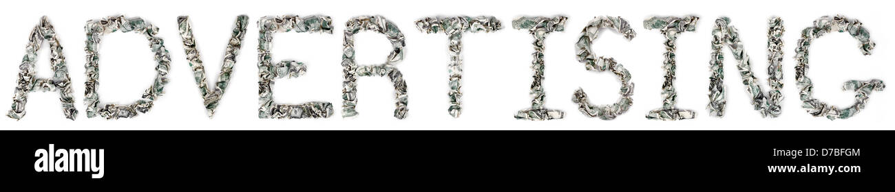 The word 'advertising', made out of crimped 100$ bills. Isolated on ...