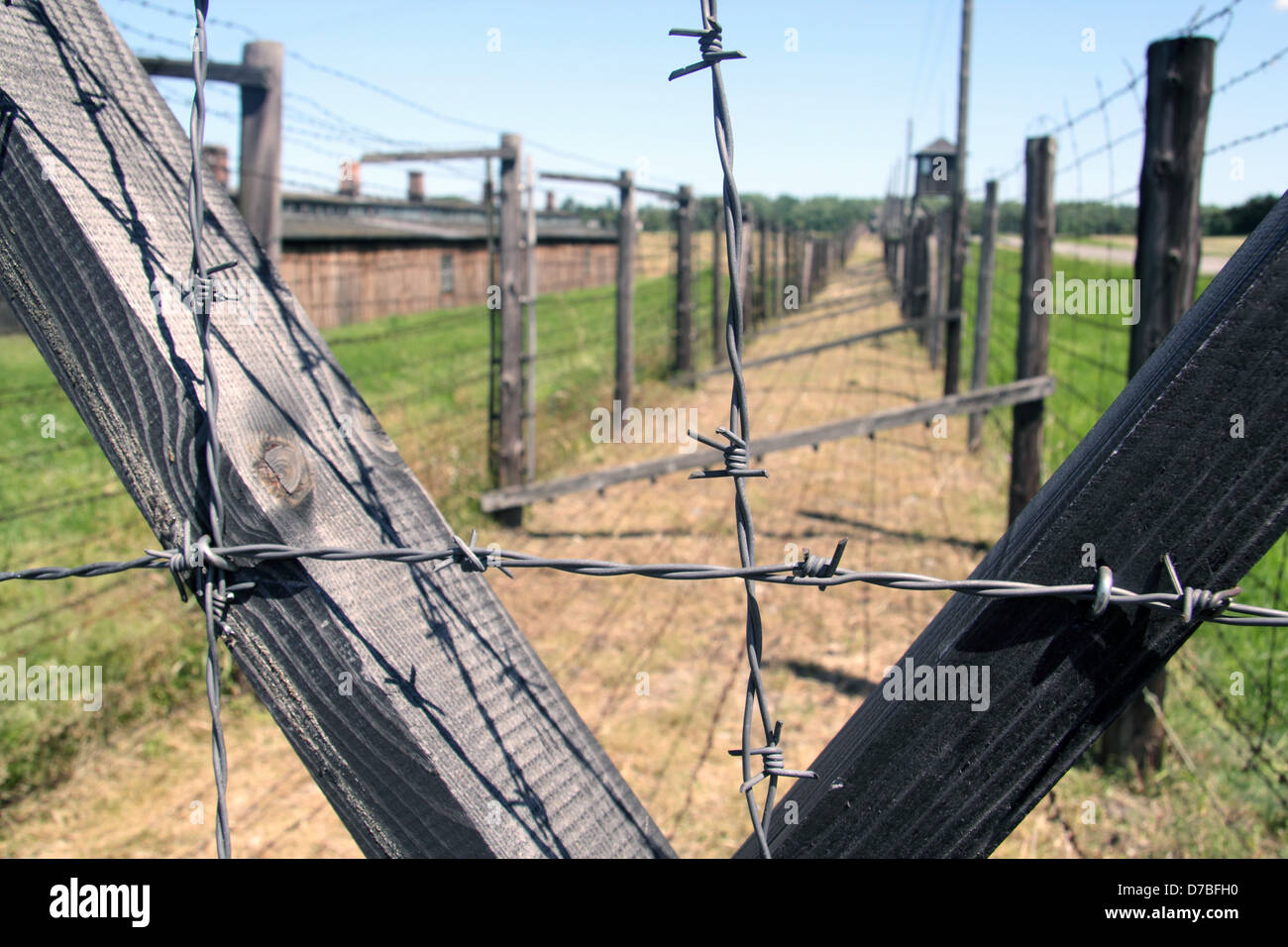 Barbed wired fence surrounding prisoners' barracks at Majdanek death ...