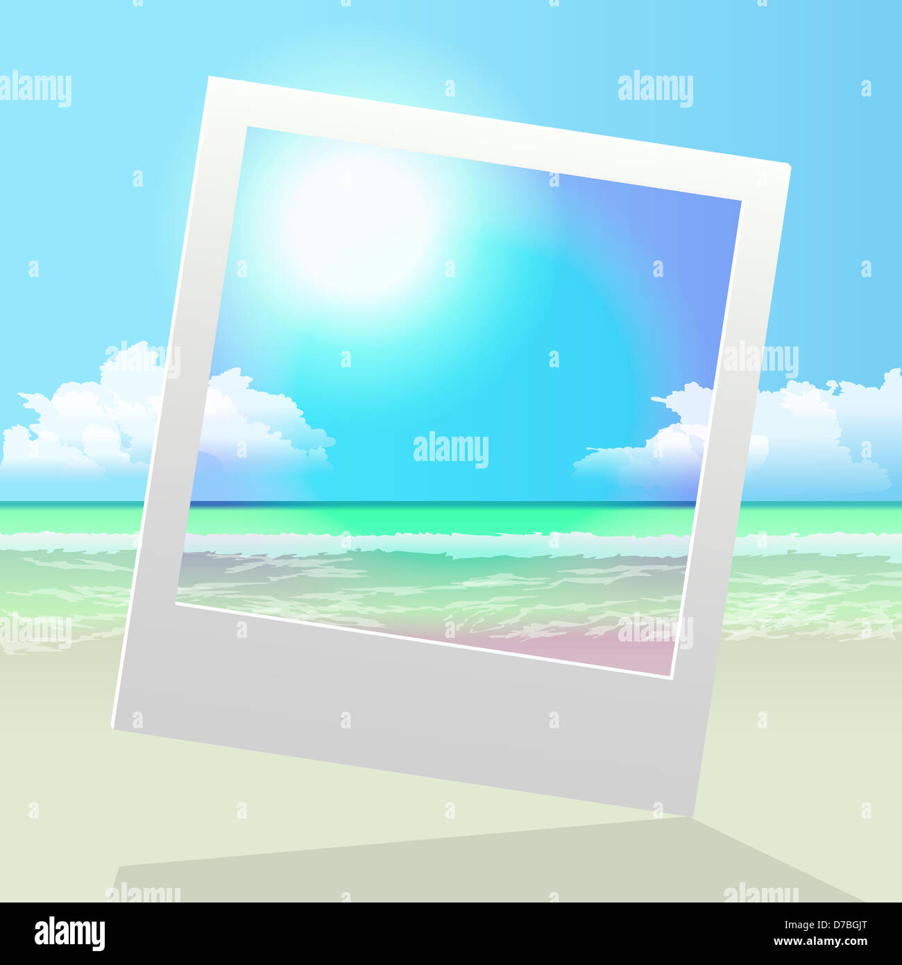 Polaroid photo frame over perfect summer vacation seashore peaceful ...
