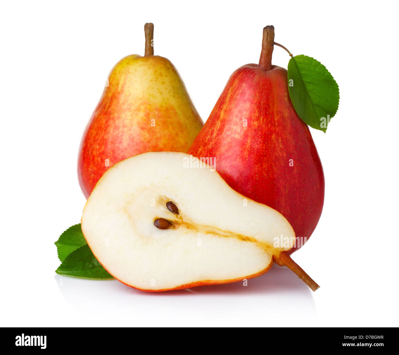Ripe red pear fruits with green leaves isolated on white background ...