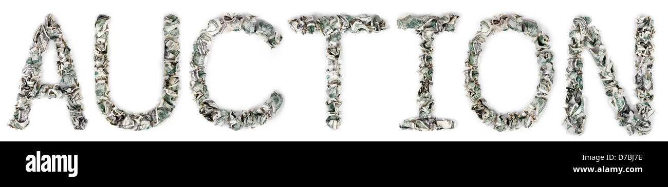 The word 'auction', made out of crimped 100$ bills. Isolated on white ...