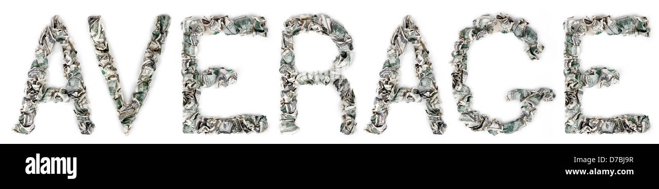 The word 'average', made out of crimped 100$ bills. Isolated on white ...