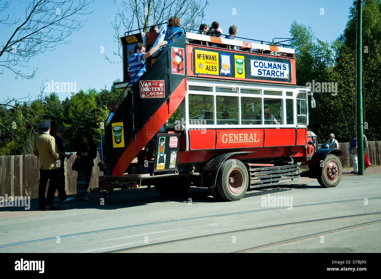 old bus in beamish museum,red,double decker,conductor,tramlines,street ...