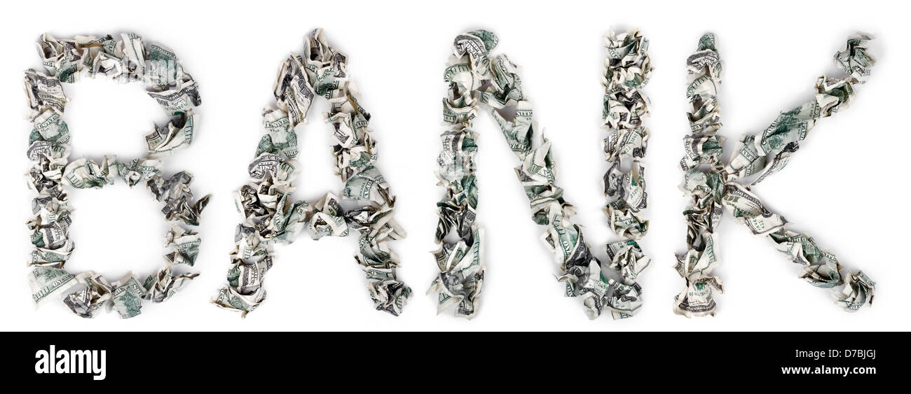 The word 'bank', made out of crimped 100$ bills. Isolated on white ...