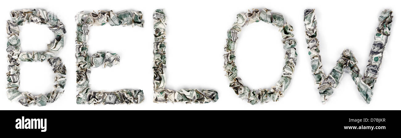 The word 'below', made out of crimped 100$ bills. Isolated on white ...