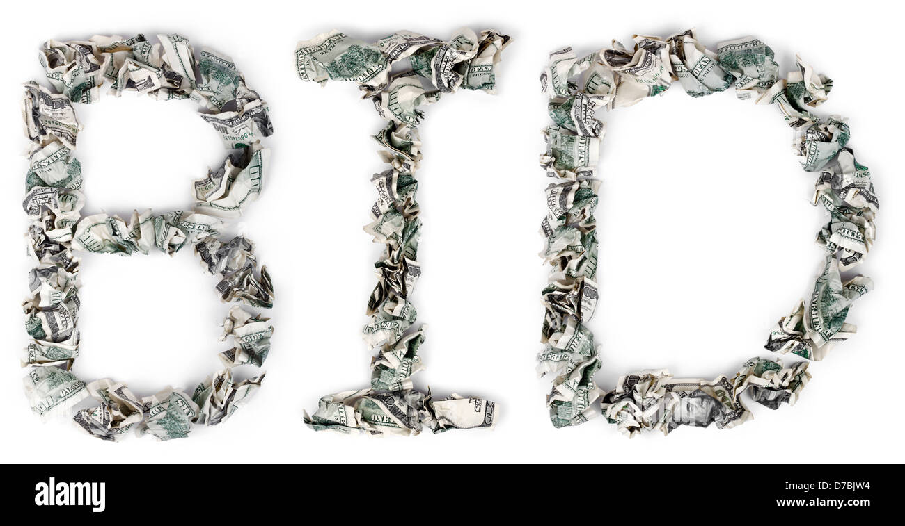 The word 'bid', made out of crimped 100$ bills. Isolated on white ...