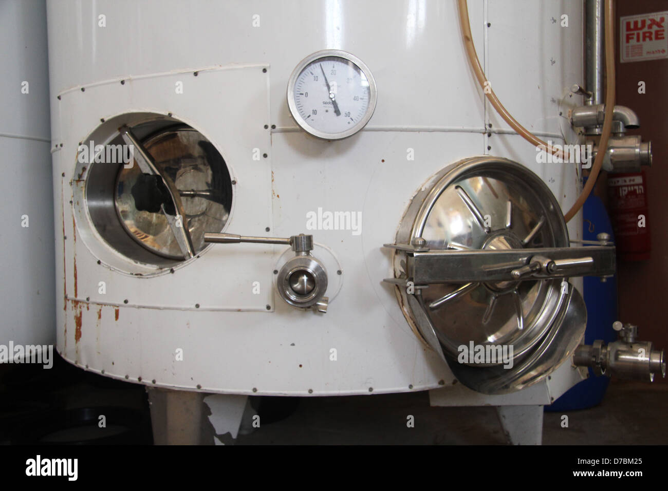 Wine making machinery at the winery of Kibbutz Neot Smadar in the ...