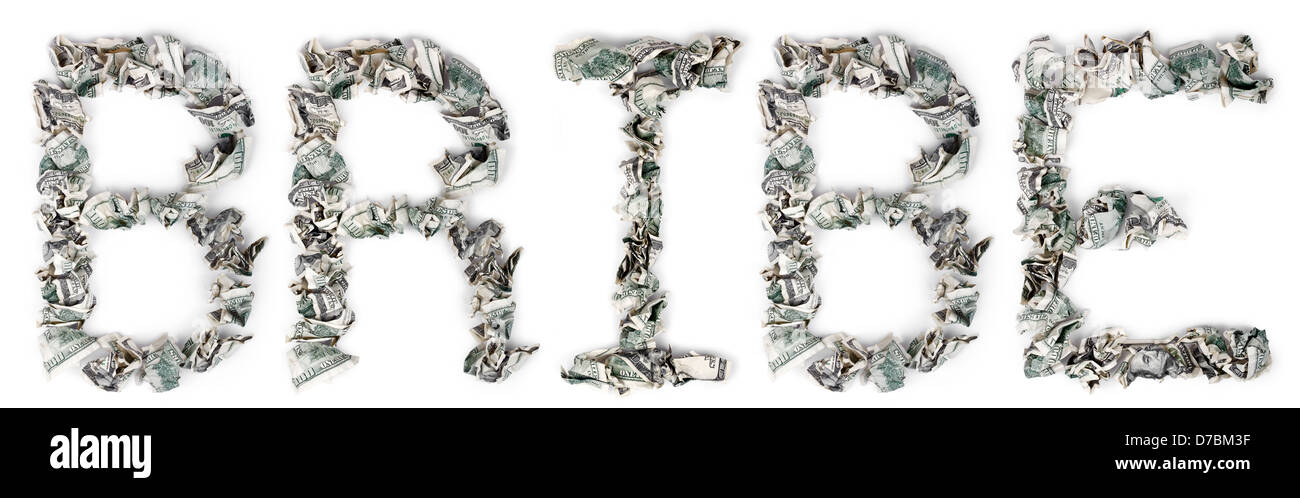 The word 'bribe', made out of crimped 100$ bills. Isolated on white ...
