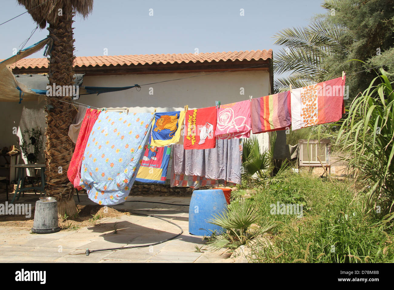 Laundry hanged for drying outdoors in Kibbutz Neot Semadar in the ...