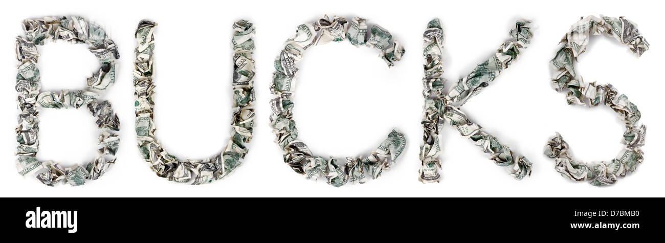 The word 'bucks', made out of crimped 100$ bills. Isolated on white ...