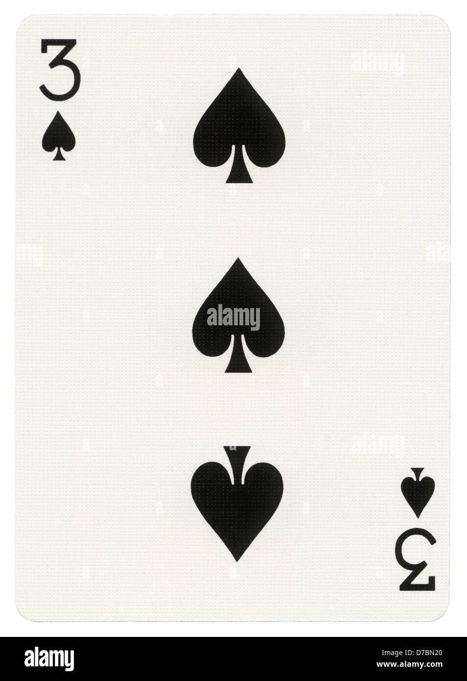 Three of spades playing card, isolated on white background. Scanned at ...