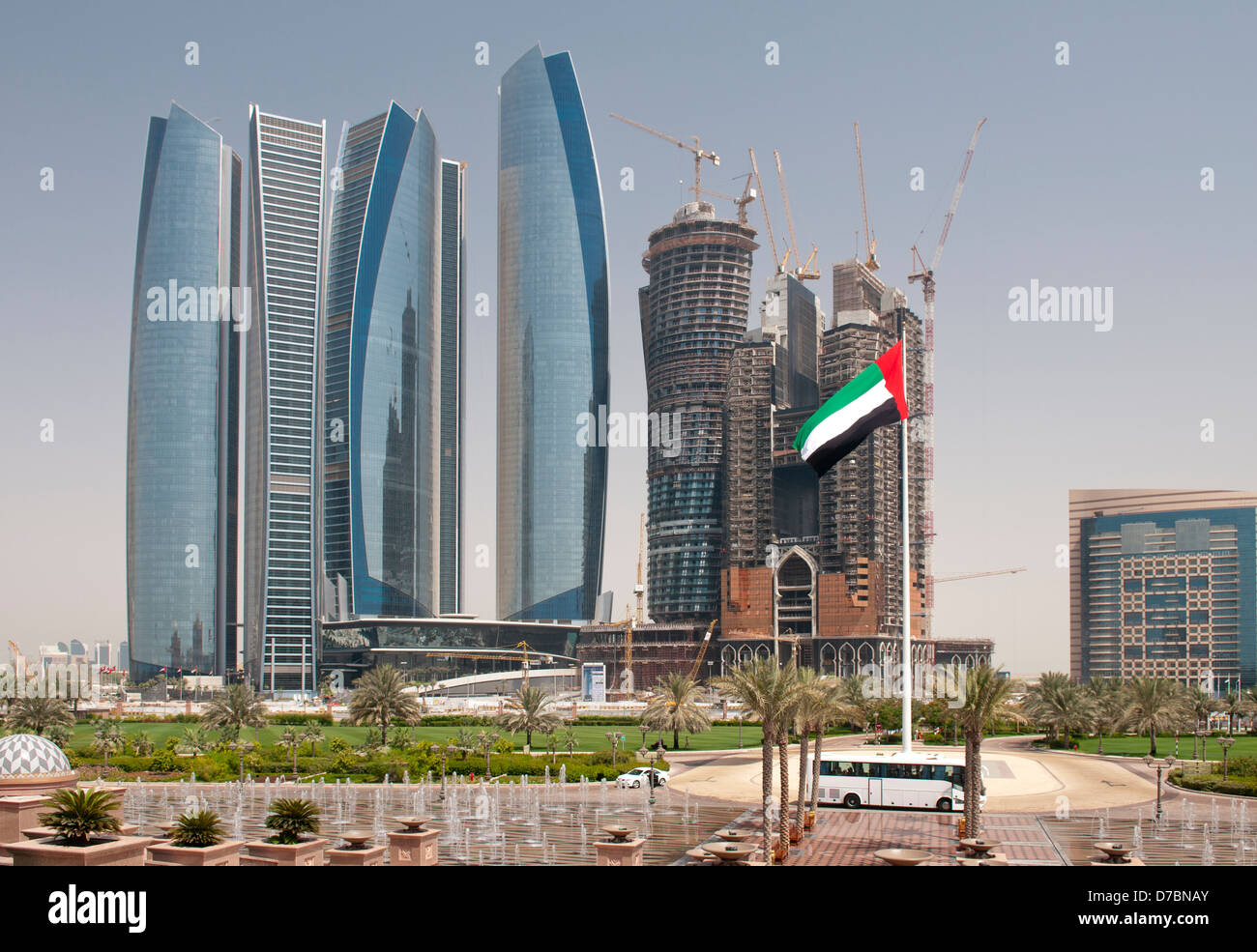View from Emirates Palace of construction of Etihad Towers in Abu Dhabi ...